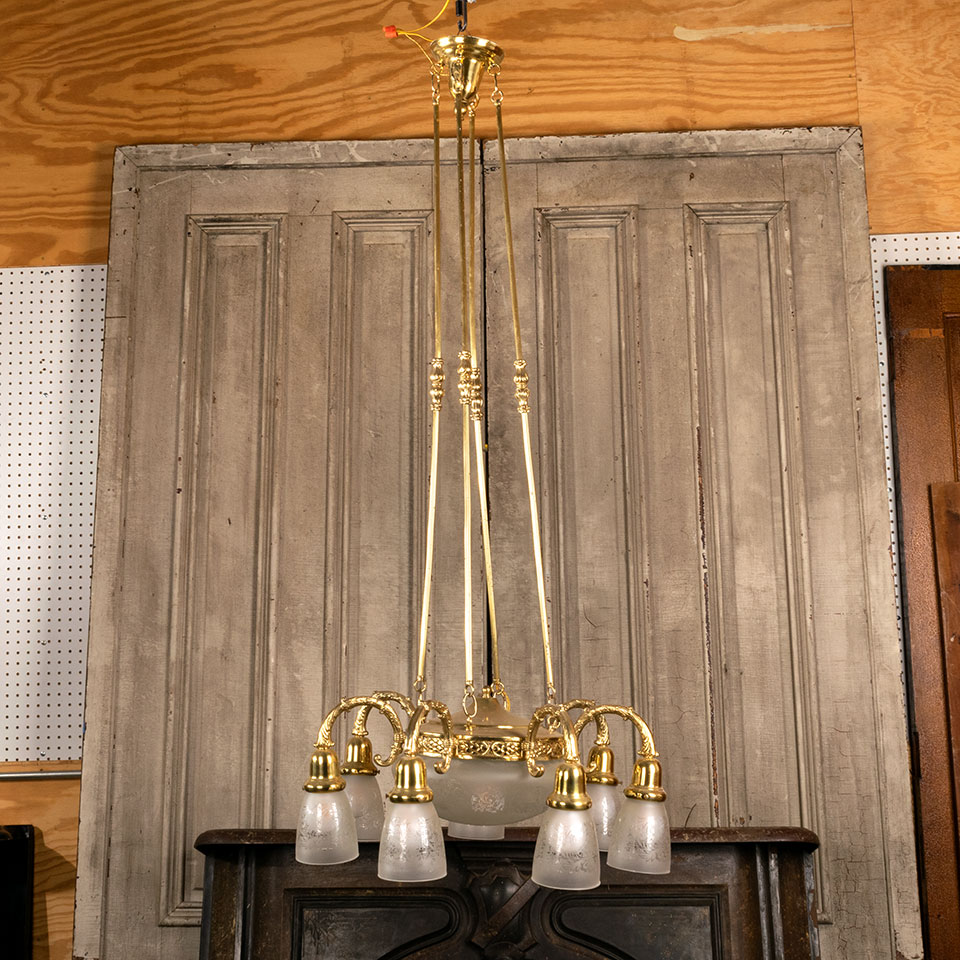 Reproduction 8 Light Brass Chandelier
