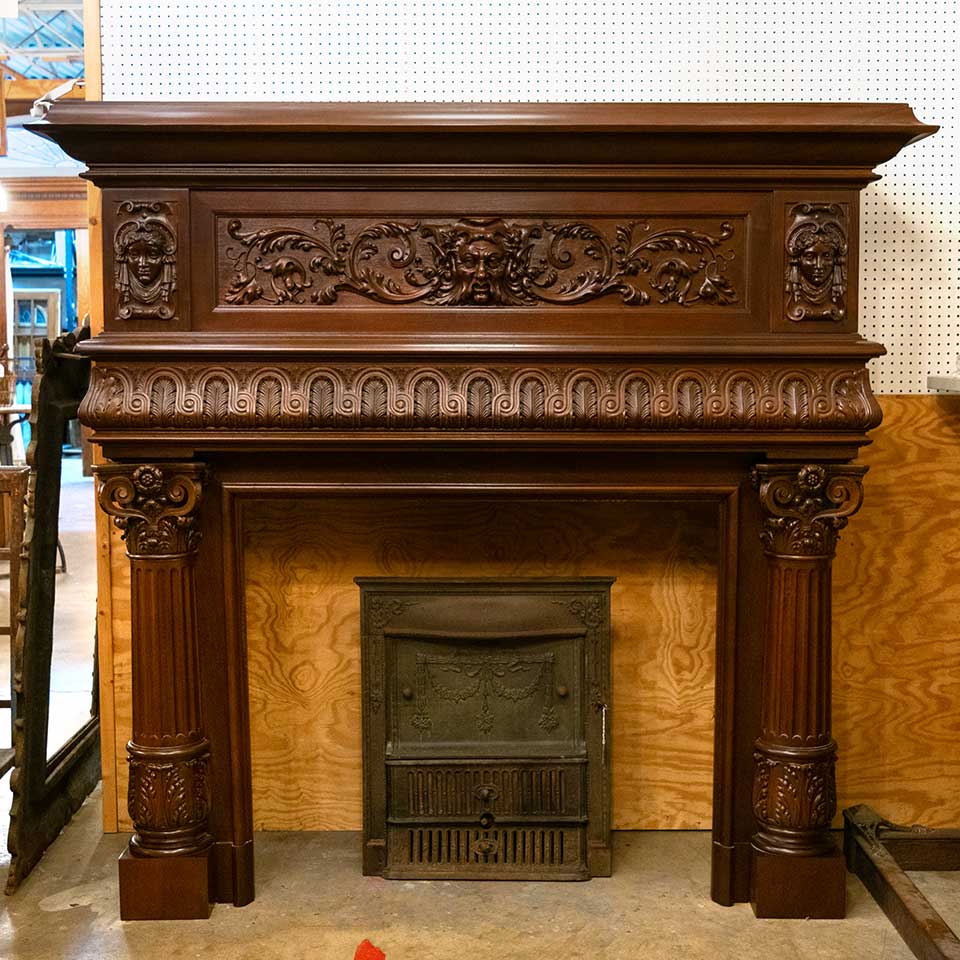 Large Antique Carved Wood Fireplace Mantel